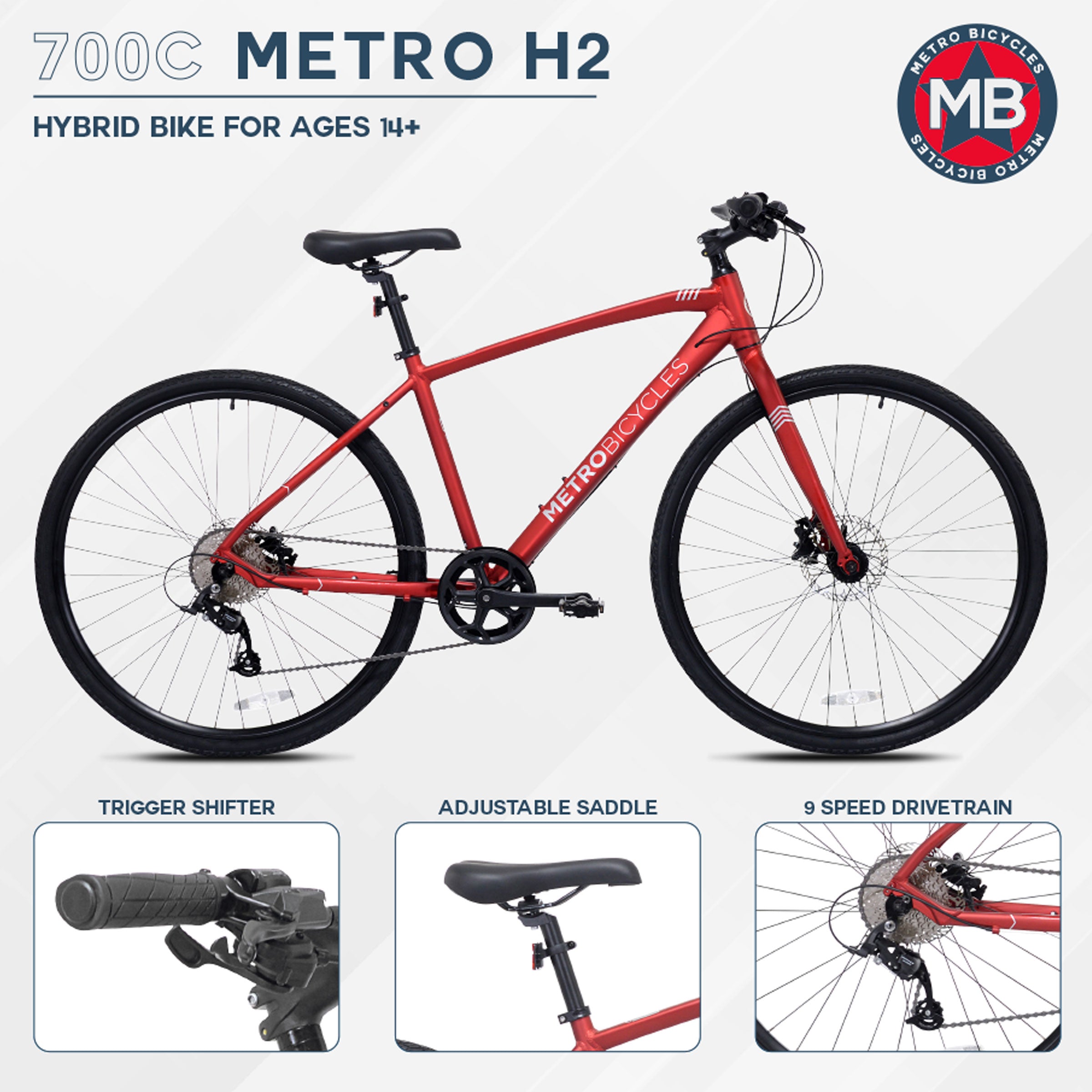 Mendham Bike Co. | Discount Bikes | 700c METRO Bicycles H2 Hybrid Commuter Bike For Adults Ages ...
